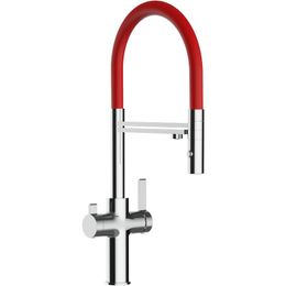 3 Wege Wasserhahn Küchenarmatur Spültischmischer, Verchromt mit 360° schwenkbarem Auslauf, abnehmbare 2 strahl Handbrause, Flex-Schlauch oben in Rot