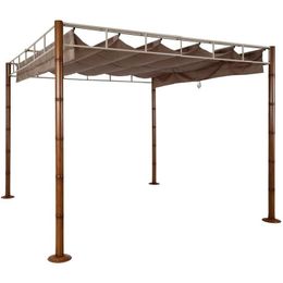 Pergola HHG 765, Garten Pavillon Terrassenüberdachung, stabiles 7cm-Metall-Gestell 3x3m Bambus-Optik taupe-braun - brown