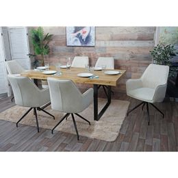 6er-Set Esszimmerstuhl MCW-K15, Küchenstuhl Polsterstuhl Stuhl mit Armlehne, Stoff/Textil Metall ~ creme-beige