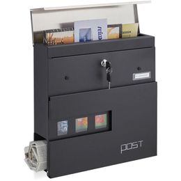 Briefkasten mit Zeitungsfach, Sichtfenster, hbt 37x37x11 cm, 2 Schlüssel, Stahl, moderner Postkasten, schwarz - Relaxdays