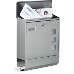 Briefkasten Edelstahl mit Zeitungsfach, Namensschild, Sichtfenster, HxBxT: 42 x 35 x 12,5 cm, Design, silber - Relaxdays