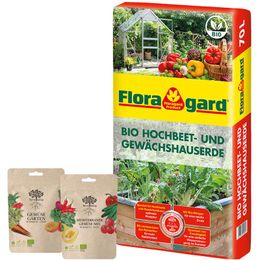 Floragard - Hochbeet u. Gewächshauserde 70 l & Terre Unity Bio Gemüse- und Mediterran-Gemüse Samenset