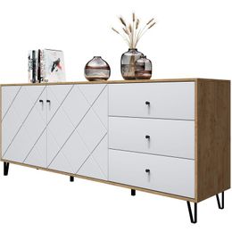 Newfurn - Kommode Weiß Matt Wildeiche Sideboard Skandi Modern - 183x76x40 cm (BxHxT) - Highboard Anrichte - [Loya.two] Wohnzimmer Gästezimmer Büro