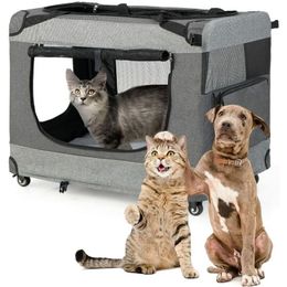 GOPLUS Katzentransportbox Groß mit 4 Rädern, Hundetasche Faltbar mit 3 Eingänge, Atmungsaktive Transporttasche für Katzen, Bodenplatte abnehmbar &
