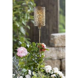 Dekoleidenschaft - Gartenstecker Ornament aus Metall in gold / braun mit Windlichtglas, 100 cm hoch, Dekostecker, Kerzenhalter, Gartendeko für Draußen
