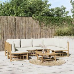 MAISONCHIC 7-tlg. Garten-Lounge-Set Gartenmöbel Set Sitzgruppe Essgruppe mit Cremeweißen Kissen Bambus DE59539