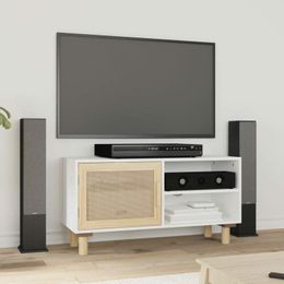 MAISONCHIC TV-Lowboard für Wohnzimmer tv Schrank TV-Möbel Weiß 80x30x40 cm Massivholz Kiefer und Natur-Rattan DE78790