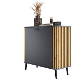 Kommode Grau Wildeiche Sideboard Modern Elegant - 92x88x40 cm (BxHxT) - Highboard Anrichte - [Zak.three] Wohnzimmer Schlafzimmer Flur Esszimmer