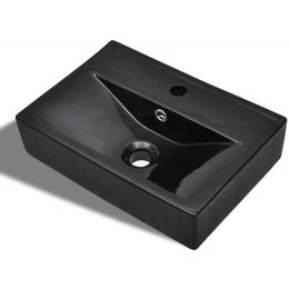 MAISONCHIC Keramik Waschbecken Aufsatzwaschtisch Waschschale für Badezimmer mit Hahn-/Überlaufloch Schwarz Rechteckig DE26608