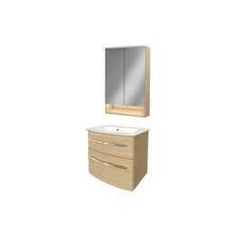 Fackelmann B.style Badmöbel Set – Waschbecken mit Unterschrank und LED-Spiegelschrank in Holz braun – Waschbeckenunterschrank 60 cm hängend breit –