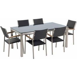 Beliani Gartenmöbel Set Schwarz Sicherheitsglas Edelstahl Tisch 180 cm 6 Rattanstühle Terrasse Outdoor Modern - Silber