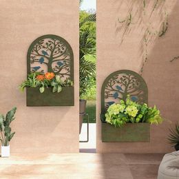 2er Pflanzkasten hängend & freistehend, Wand Blumenkasten mit Spalier & Haken, dekorativen Hochbeet, Metall Muster-Baum - Costway