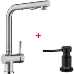 CECIPA - Hochdruck Küchenarmatur Ausziehbar Gebürsteter, Küchenarmatur mit Dusche, zwei Arten von Wasserstrahlen + Küchenseifenspender mit