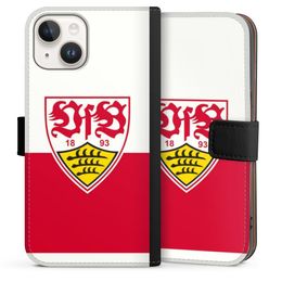 DeinDesign iPhone 14 Handy Klapph&uuml;lle Handyh&uuml;lle aus Kunst Leder schwarz Flip Case Vfb Stuttgart Logo Official Licensed Product Sideflip mit Lasche