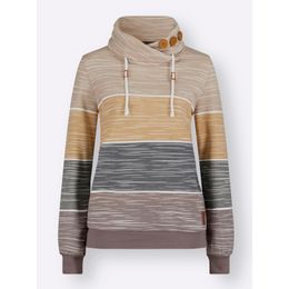 WITT Damen Sweatshirt mit Zierkn&ouml;pfen am Kragen, dunkeltaupe-sesam-bedruckt, Gr&ouml;&szlig;e 40