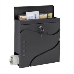 Briefkasten mit Zeitungsfach, hbt 37 x 37 x 11 cm, 2 Schlüssel, Stahl, moderner Postkasten mit Muster, schwarz - Relaxdays