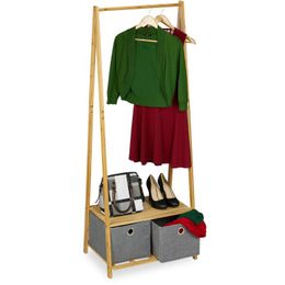 Kleiderständer Bambus, HxBxT: 160 x 60 x 43,5 cm, Kleiderstange mit Ablage & 2 Aufbewahrungsboxen, natur/grau - Relaxdays