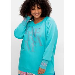 sheego loves miss goodlife Große Größen: Sweatshirt mit Glitzer-Frontdruck und V-Ausschnitt, türkis, Gr.44