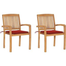 MAISONCHIC 2er Set Gartenstühle Gartensessel Stühle für Garten Terrasse Balkon mit Roten Kissen Massivholz Teak DE27160