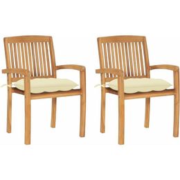 MAISONCHIC 2er Set Gartenstühle Gartensessel Stühle für Garten Terrasse Balkon mit Cremeweißen Kissen Massivholz Teak DE22407