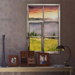 K&L WALL ART 3D Wandtattoo Wohnzimmer Vintage Bergtal im Nebel Natur Landschaft Fotografie Holzfenster selbstklebend 81x120cm - bunt