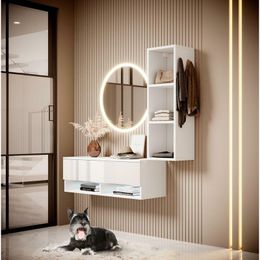 3-teilig Garderobe alyx mini mit led 2x Hängeschränke & LED-Spiegel Weiß - Furnix
