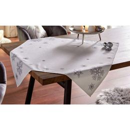 Tischdecke Schneediamanten weiß mit Schneeflocken silber & Strass Steinen, 85x85 cm, Tischtuch
