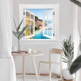 K&L WALL ART 3D Wandtattoo Aufkleber Feng Shui Wellness Deko Fischerdorf Küste Italien Fenster selbstklebend 100x96cm - blau