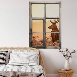 K&L WALL ART 3D Wandtattoo Wohnzimmer Shabby Chic Holz Optik Waldtiere Majestätischer Hirsch Holzfenster selbstklebend 41x60cm - braun