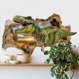 K&L WALL ART 3D Wandtattoo Wohnzimmer Kinderzimmer Dinosaurier T-Rex Dino Steinzeit Planet Mauerdurchbruch selbstklebend 80x49cm - grün