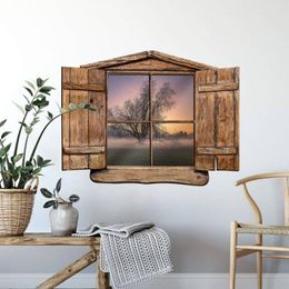K&L WALL ART 3D Wandtattoo Wohnzimmer Cuadrado Landhaus Vintage Baum des Lebens Wald Holzfenster selbstklebend 60x46cm - braun