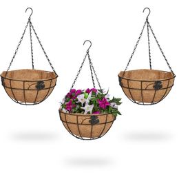 Blumenampel 3er Set, Metallkorb & Kokoseinlage, h x d: 48 x 31 cm, Hängepflanzen, innen & außen, braun/schwarz - Relaxdays