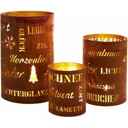 Spetebo - Metall Weihnachts Windlicht rund Rost Optik 3er Set - Sprüche - Winter Tisch Deko Laterne Kerzen Halter