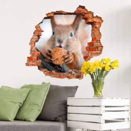 K&L WALL ART 3D Wandtattoo Wohnzimmer Waldtiere Wandsticker Kinder Eichhörnchen mit Nuss Mauerdurchbruch selbstklebend 40x38cm - bunt