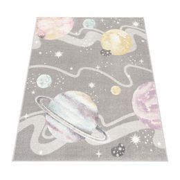 Paco Home Kinderteppich Teppich Kinderzimmer Junge Mädchen Weltraum Planeten Sterne Grau 160x220 cm