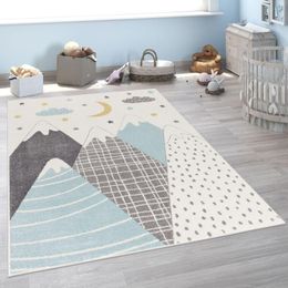 Kinderteppich Teppich Kinderzimmer Junge Mädchen Modern Berge Sterne Wolken Blau 133 cm Quadrat - Paco Home