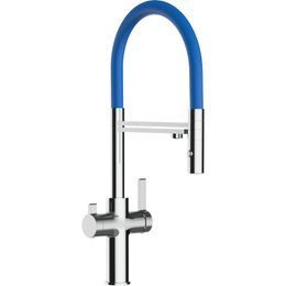 3 Wege Wasserhahn Küchenarmatur Spültischmischer, Verchromt mit 360° schwenkbarem Auslauf, abnehmbare 2 strahl Handbrause, Flex-Schlauch oben in Blau