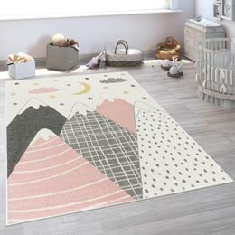 Paco Home - Kinderteppich Teppich Kinderzimmer Junge Mädchen Modern Berge Sterne Wolken Pink 160 cm Rund