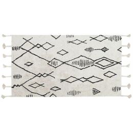 Beliani - Teppich Weiß/Schwarz aus Baumwolle 80 x 150 cm geometrisches Muster mit Quasten Rechteckig Kurzflor im Boho-Stil Wohn- und Schlafzimmer