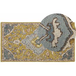 Beliani - Teppich Läufer Gelb und Blau Wolle 80 x 150 cm Kurzflor Orientalisches Design Vintage Handgetuftet Rechteckig Wohnzimmer Schlafzimmer Flur
