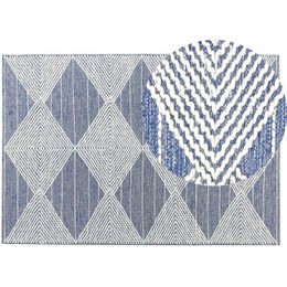 Beliani Teppich Hellbeige u. Blau Wolle Rechteckig 140x200 cm Geometrisches Muster Handgewebt Boho Skandinavisch Kurzflor Wohn- und Schlafzimmer - Blau