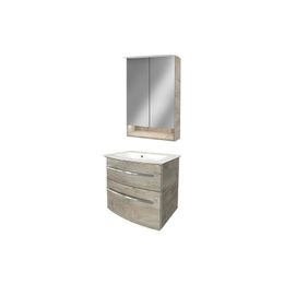 Fackelmann B.style Badmöbel Set – Waschbecken mit Unterschrank und LED-Spiegelschrank in Holz braun – Waschbeckenunterschrank 60 cm hängend breit –