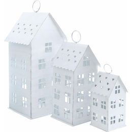 Spetebo - 3er Set Laterne in Hausform zum Aufhängen 43 / 31 / 20 cm - weiß - Deko Lampion Außen Innen - Kerzenhalter Windlicht Haus mit Herzen