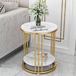 Couchtisch Marmor Optik Beistelltisch Rund Sofatisch Nachttisch Telefontisch Blumentisch mit 2 Ablagen und Gold Metallgestell