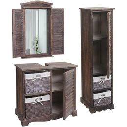 Badezimmerset HHG 680, Badmöbel-Set Hochschrank Waschbeckenunterschrank Wandspiegel shabby braun - brown