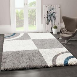 Wohnzimmer Teppich Hochflor Shaggy Deko kariert streifen Turkis Creme Grau Pflegeleicht Modern,120x170 cm