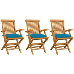 MAISONCHIC 3er Set Gartenstühle Gartensessel Stühle für Garten Terrasse Balkon mit Hellblauen Kissen Massivholz Teak DE15798