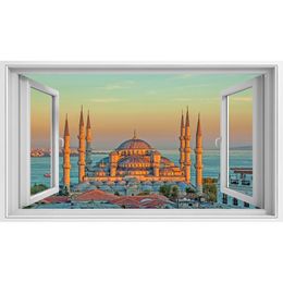 islandburner Leinwandbild Fensterblick Blaue Moschee im Glorius Sunset Istanbul Sultanahmet Park