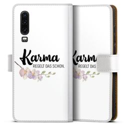 DeinDesign Handyhülle Karma regelt das schon, Huawei P30 Hülle Handy Flip Case Wallet Cover Handytasche Leder