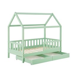 Juskys Kinderbett Marli 90 x 200 cm mit Bettkasten, Gitter, Lattenrost & Dach - Holz Hausbett Mint